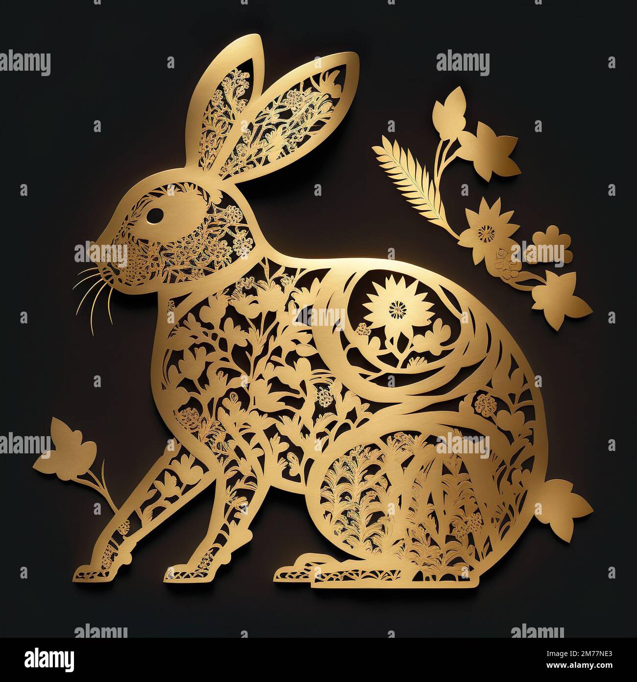Gold rabbit zodiac sign on black background Stock Photo - Alamy
