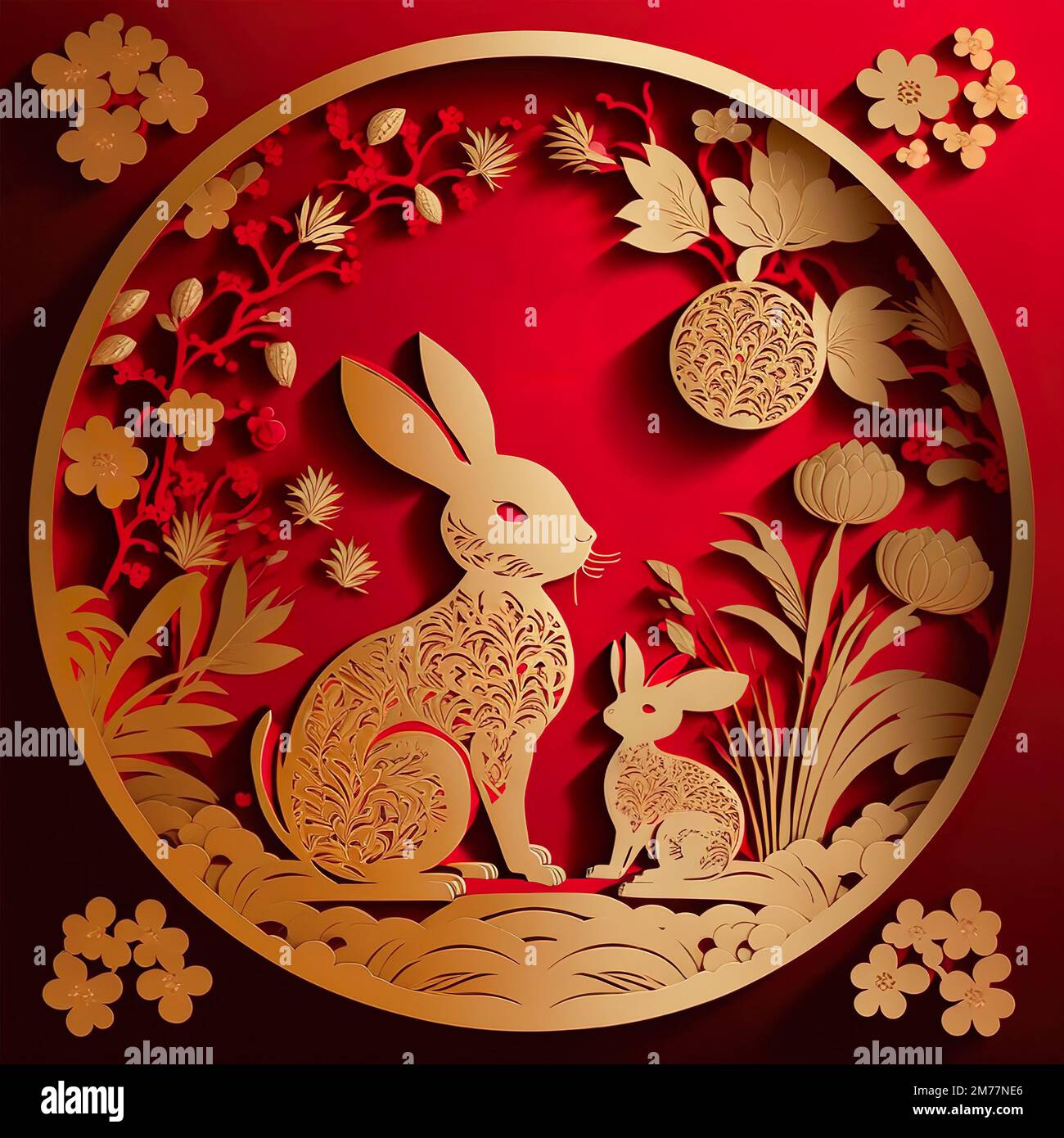 Rabbit zodiac sign with gold paper art on red background Stock Photo ...