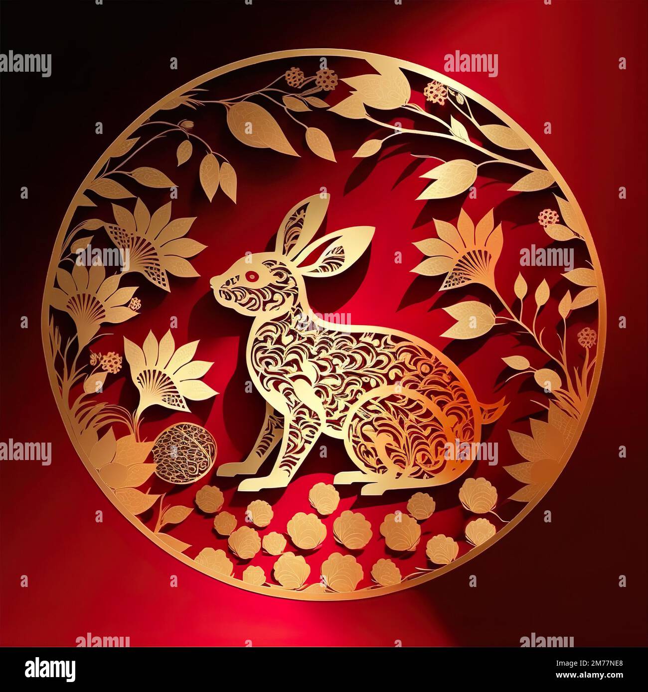 Gold rabbit zodiac sign on red background Stock Photo - Alamy