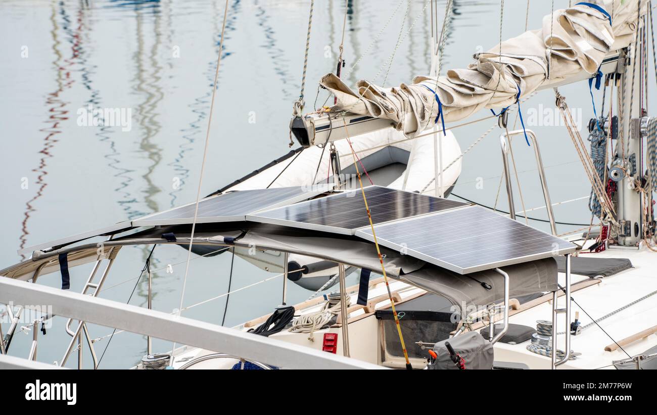 Solar photo voltaic panels on Roof top of Luxury yachts docked in sea ...