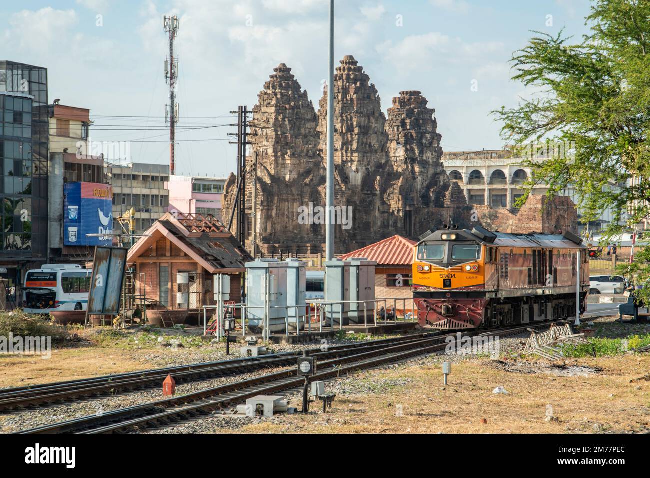 the ruins of the Wat Prang Sam Yot temple in the City of Lopburi in the ...