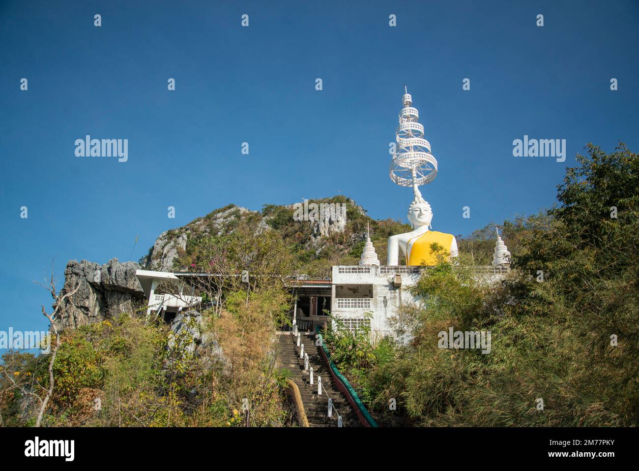 the Wat Weluwan Temple at Khao Chin Lae Mountains near the City of Lopburi in the Province of ...