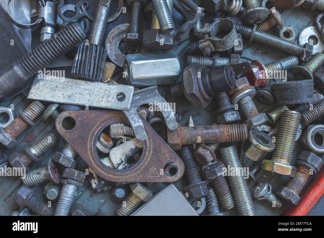 Top view of bolts and other mechanic tools. Rusty and new tools. Top ...