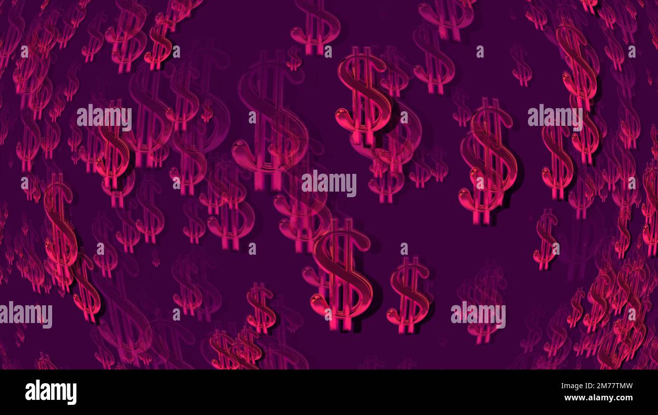 3D rendering of a stream of dollar signs. Signs of different sizes in ...