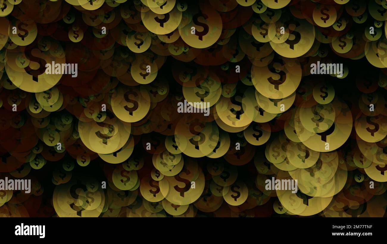 3D rendering of a stream of dollar signs. Signs of different sizes in ...