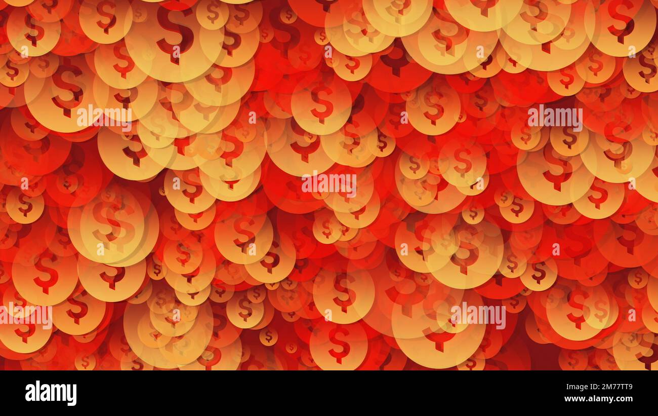 3D rendering of a stream of dollar signs. Signs of different sizes in ...