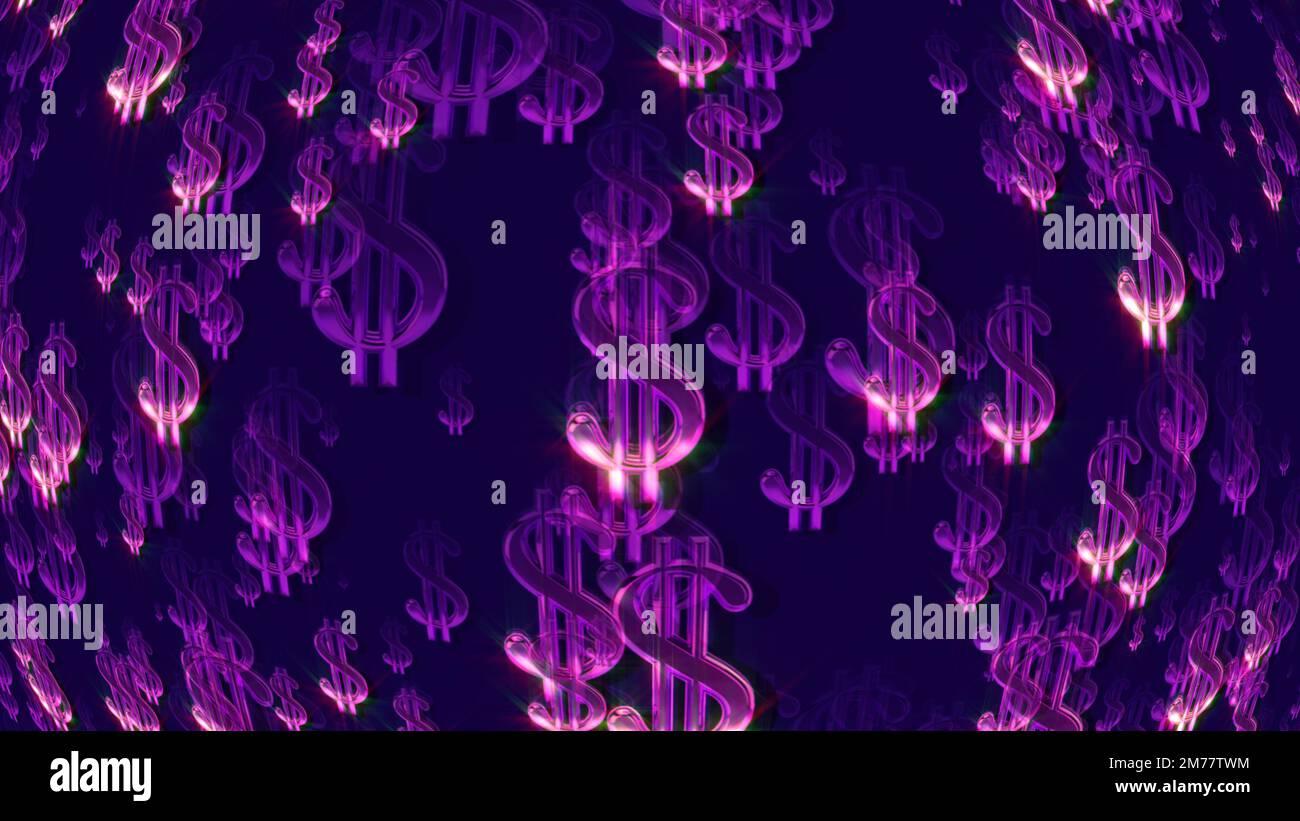 3D rendering of a stream of dollar signs. Signs of different sizes in ...