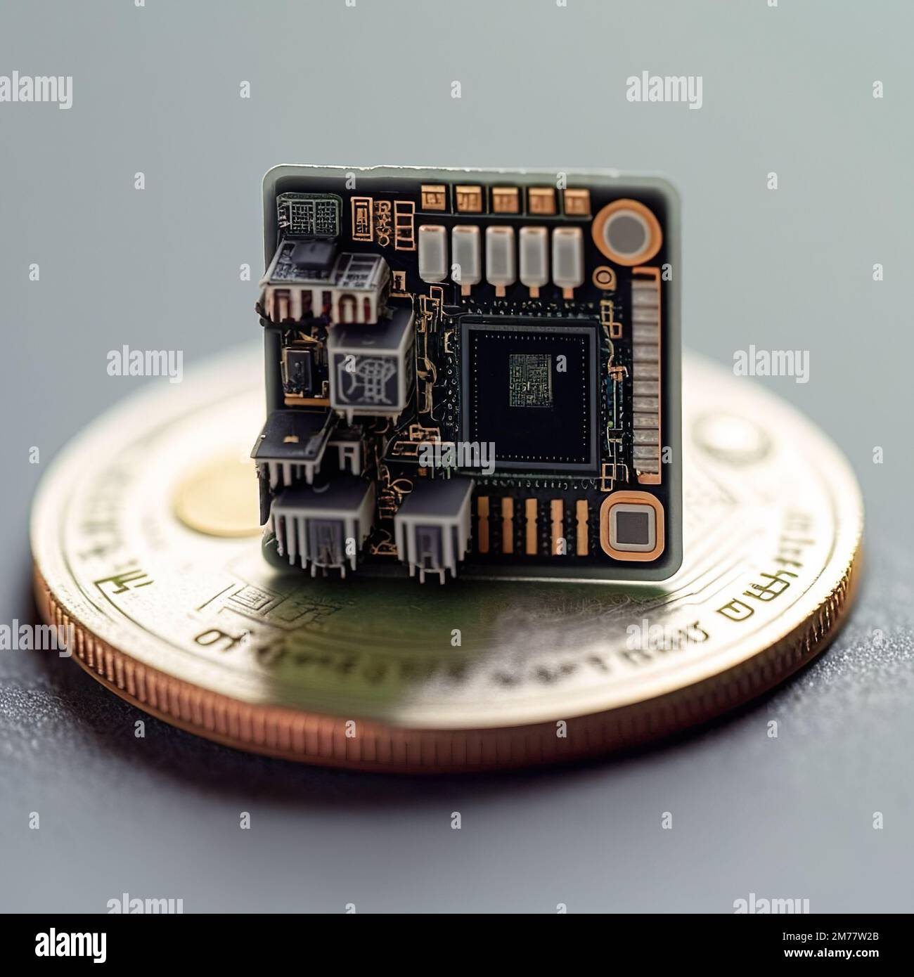 Micro chip comparison with coin Stock Photo - Alamy