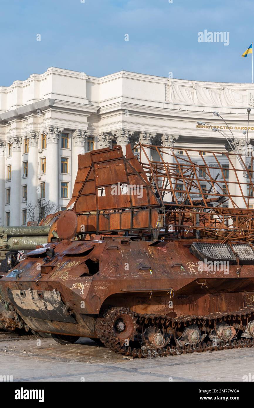 KYIV UKRAINE - 07 JANUARY 2023: Captured russian tank and other ...