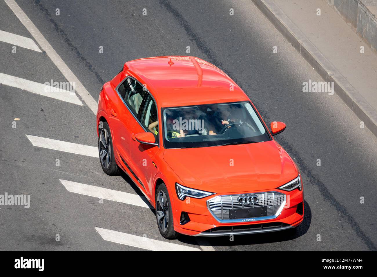 Moscow, Russia - September 27, 2022: Orange German battery electric mid ...