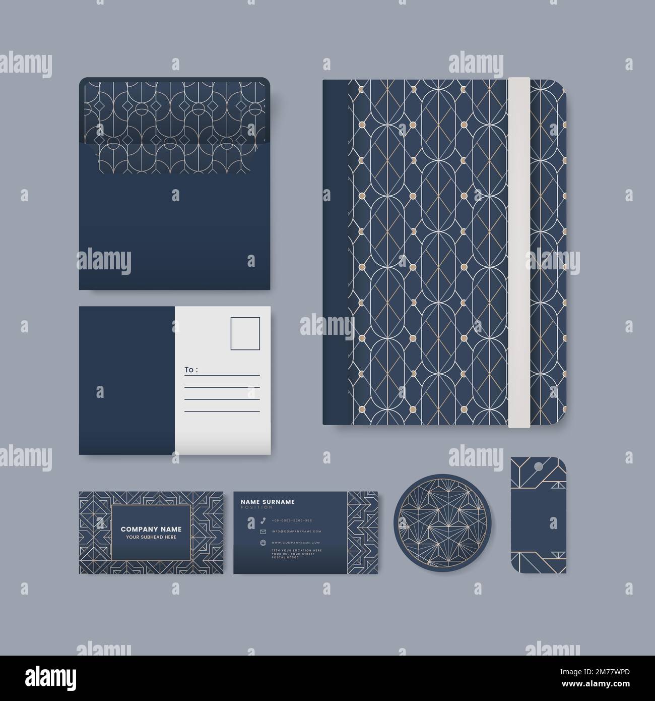 Set of white geometric pattern on blue surface stationery Stock Vector ...