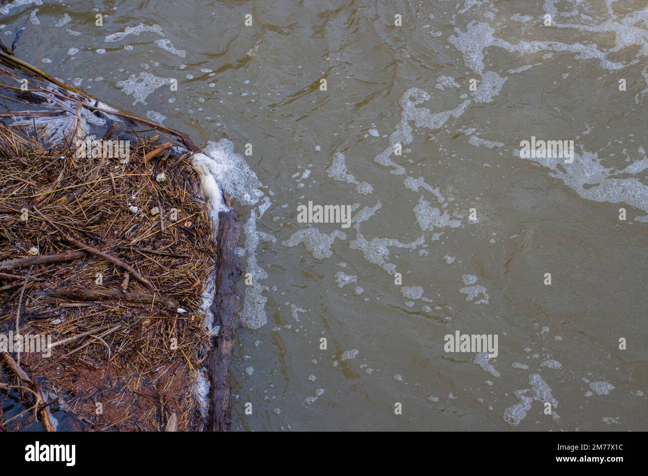 Pile of wood debris and plastic garbage during a flood, environmental ...