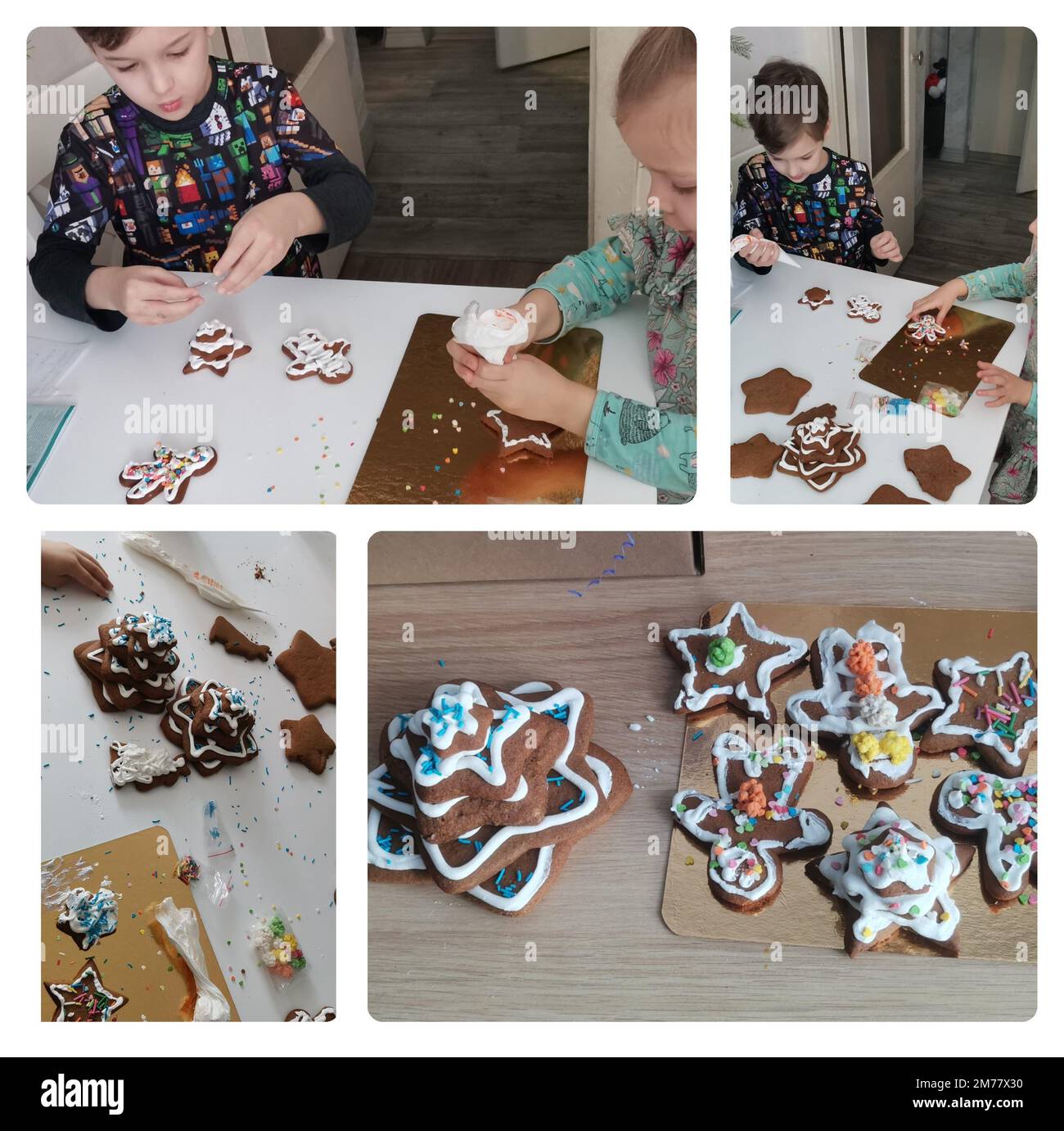 Brother and sister making Christmas gingerbread with icing. DIY steps ...