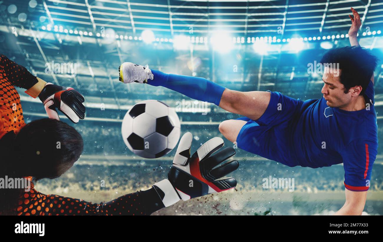 Football close up scene at the stadium of a goalkeeper that catches a ...