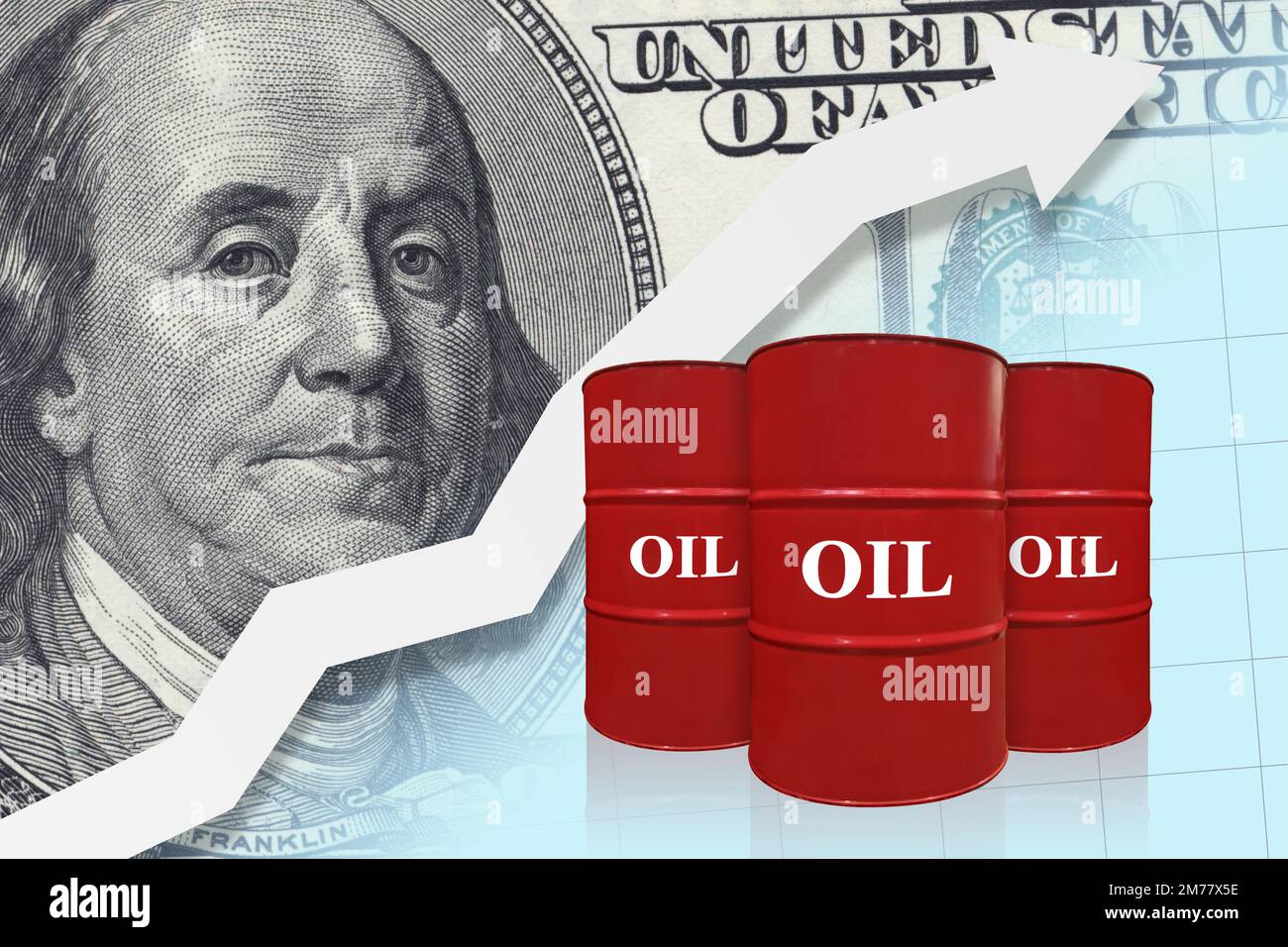 Red oil barrels with white arrow up. Oil industry concept. Raising ...