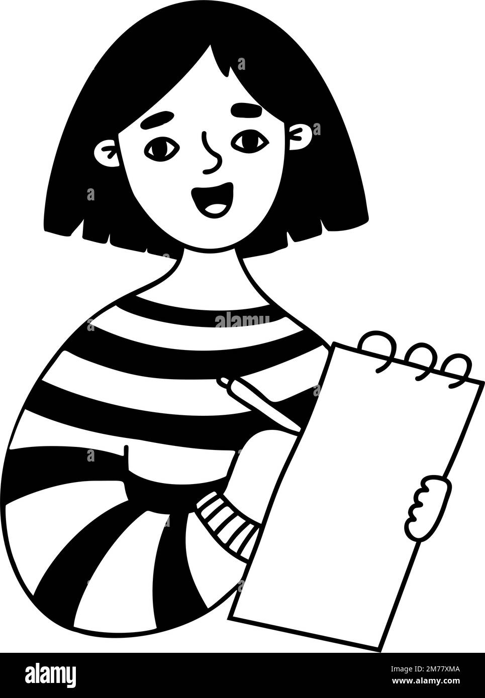Portrait cute woman with notepad and pen. Vector illustration. Linear ...