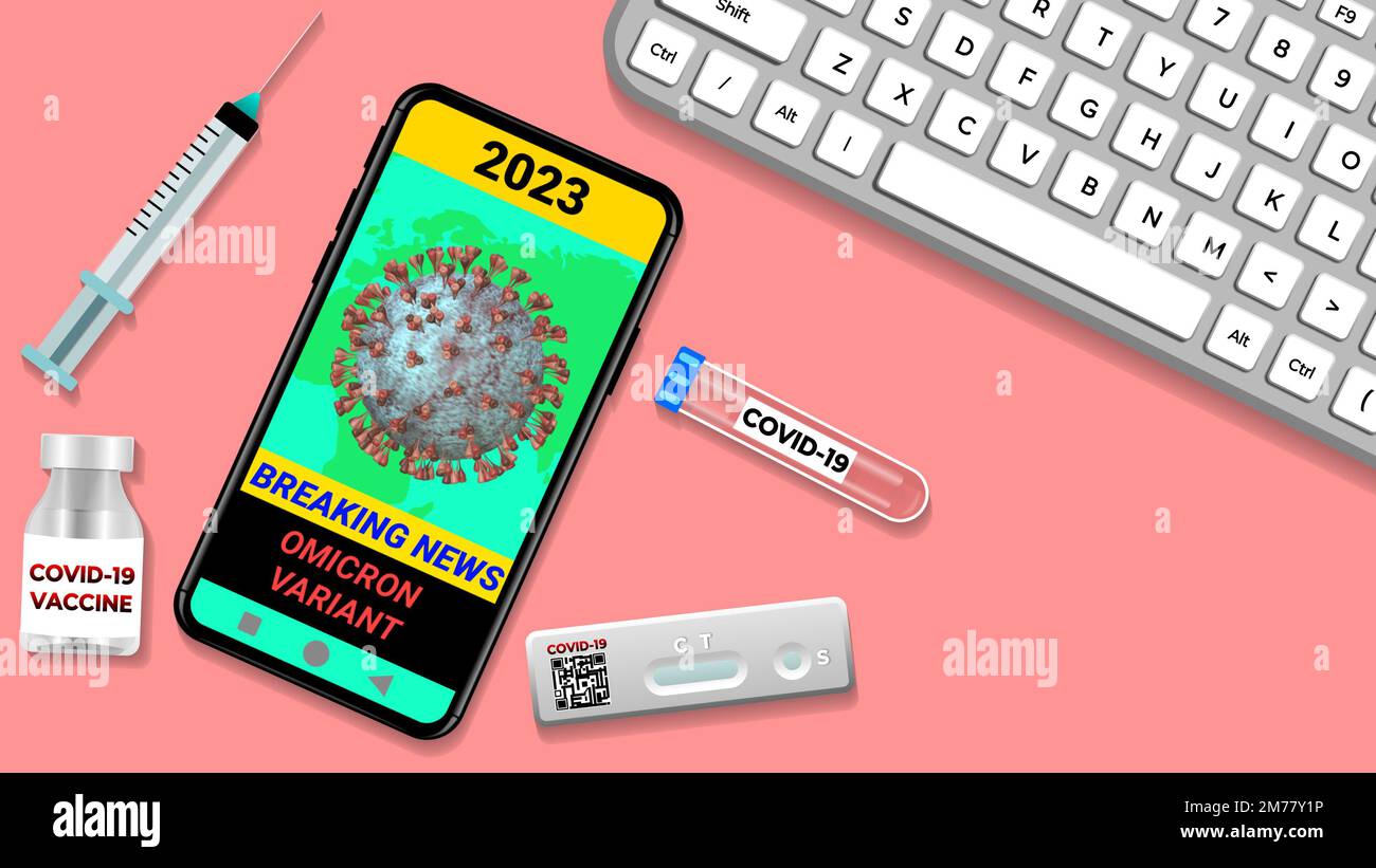 omicron varient in mobile concept illustration with injection, test kit ...