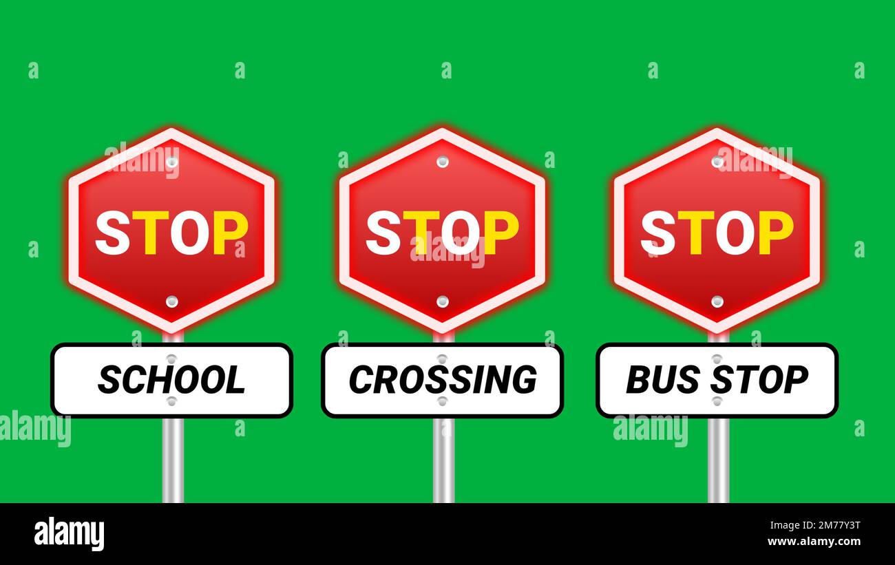 Stop school, crossing and bus stop traffic signal illustration on green ...