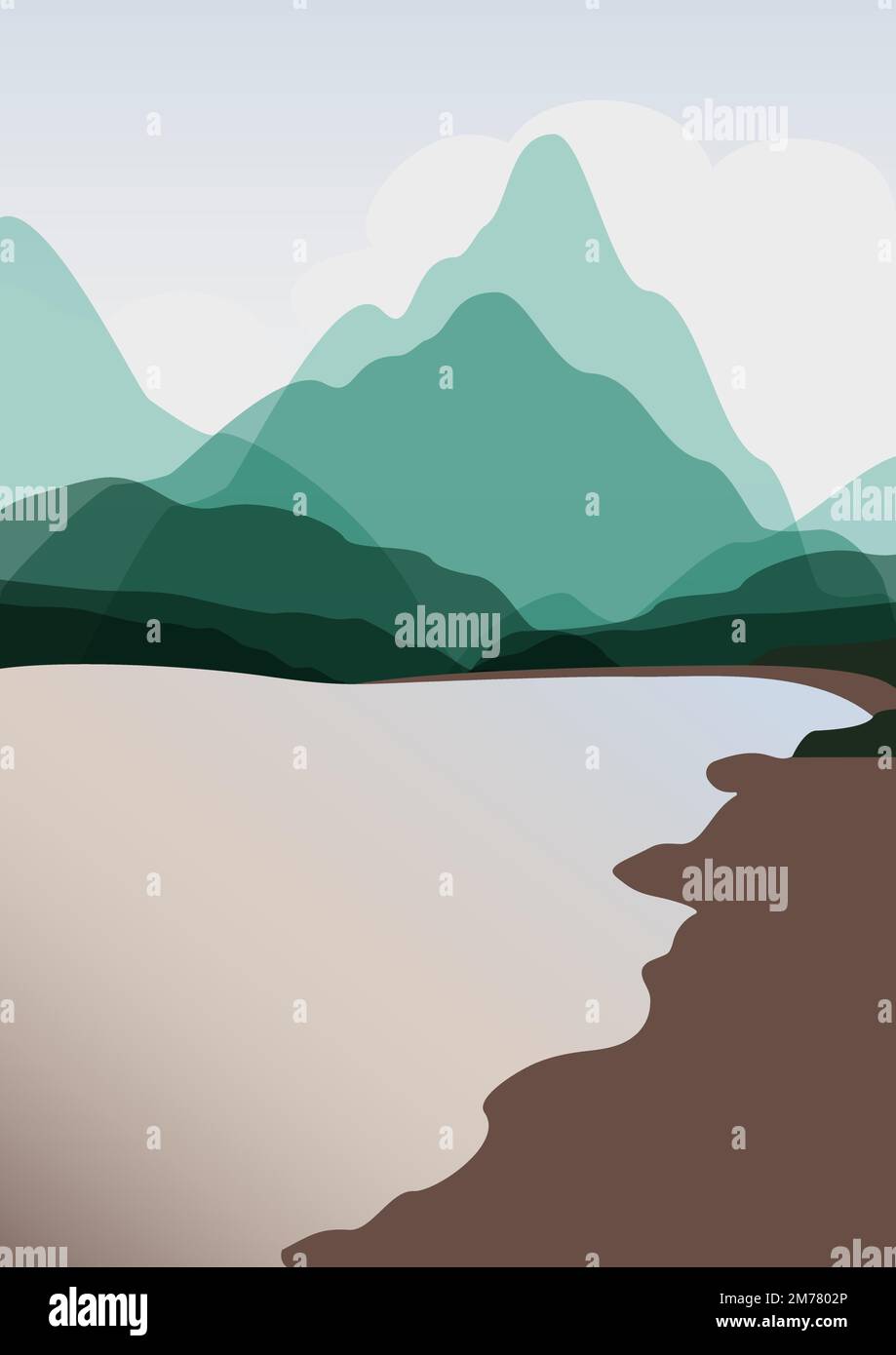 Mountain and lake landscape gradient illustration poster. Asian ...