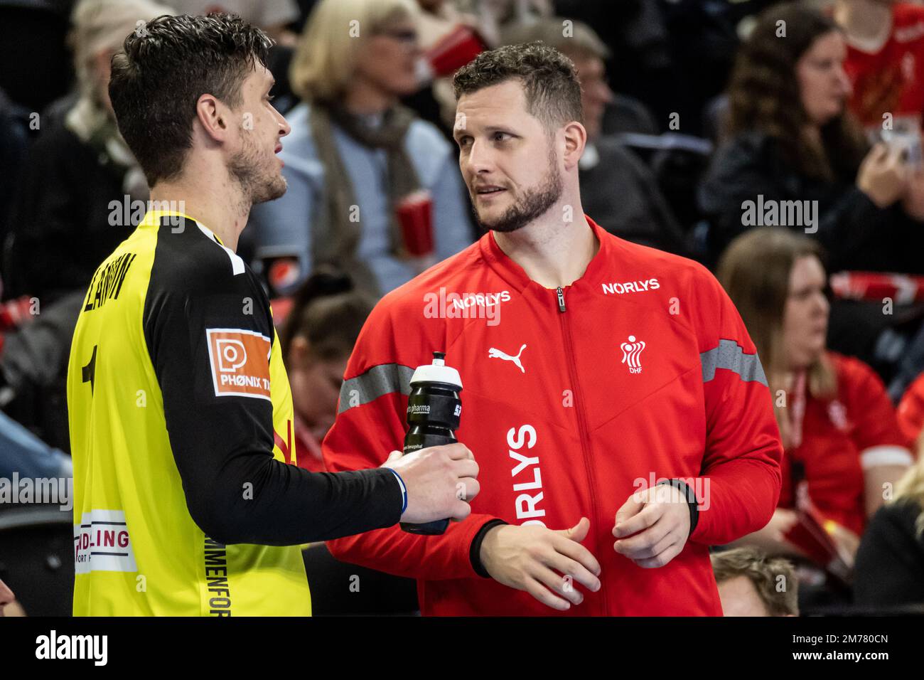 Copenhagen, Denmark. 07th Jan, 2023. Niklas Landin (1) and Kevin Moller ...