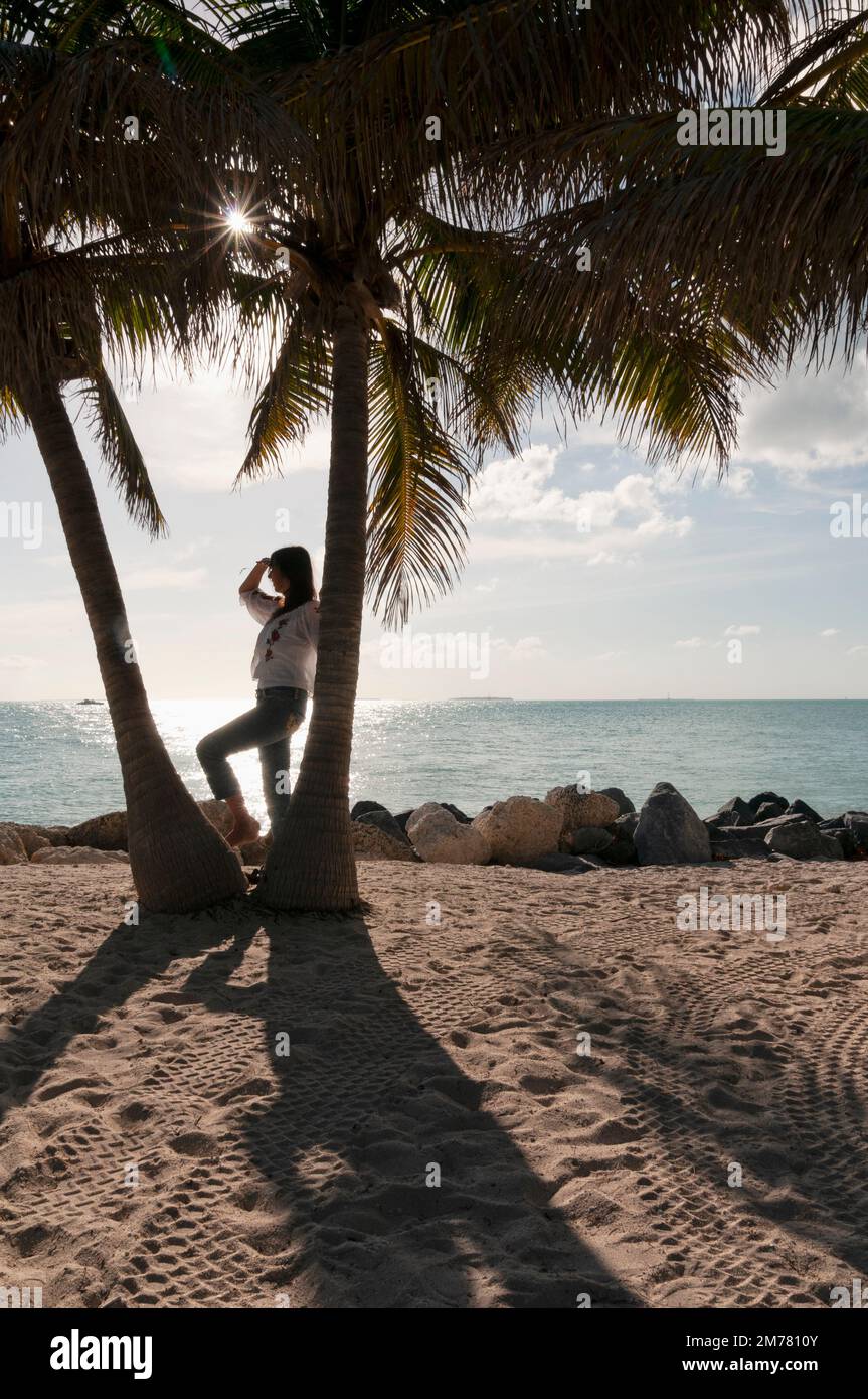 Young woman under a palm tree on the beach watches the horizon over the ...