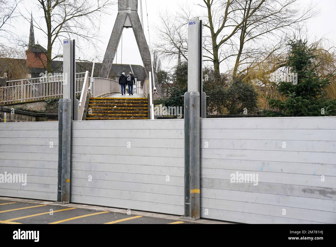 Flood defences in place at Frankwell car park in Shrewsbury, which has ...