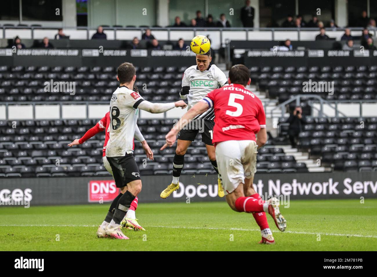 Lewis Dobbin #18 of Derby County heads just over the bar during the ...
