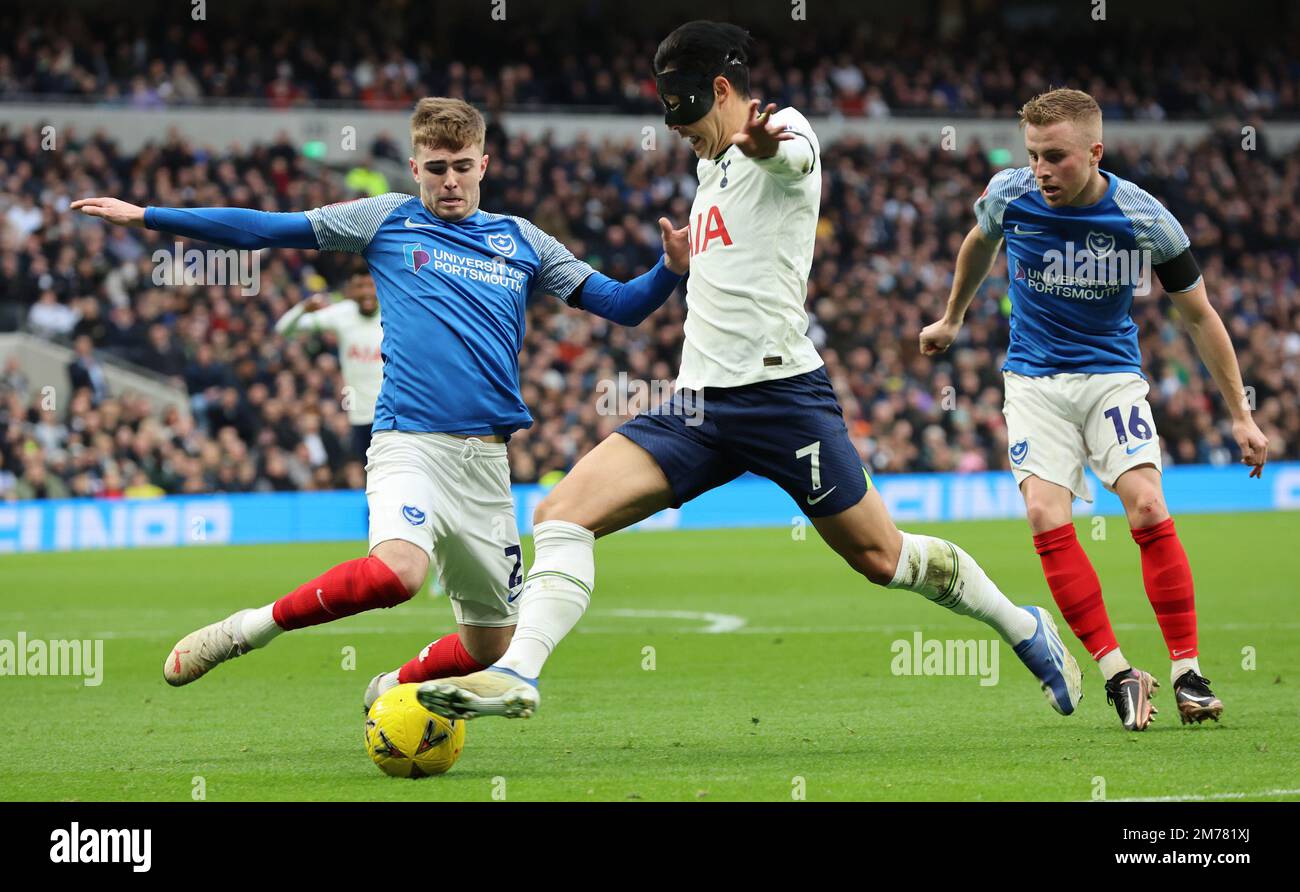 L-R Zak Swanson of Portsmouth and Tottenham Hotspur's Heung-Min Son and Joe Morrell of ...