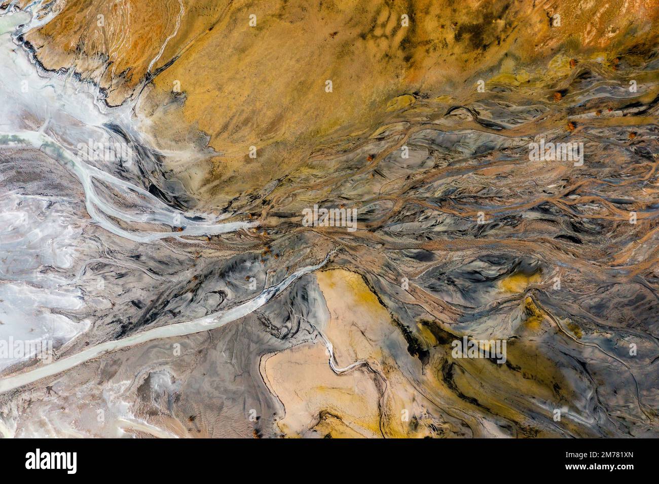 Aerial view of the famous red mud disaster site, abstract lines ...
