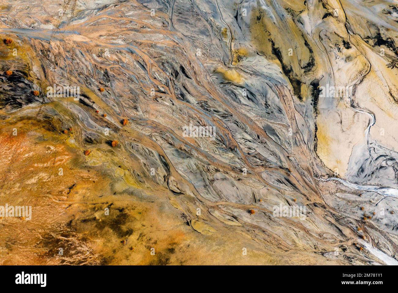 Aerial view of the famous red mud disaster site, abstract lines ...