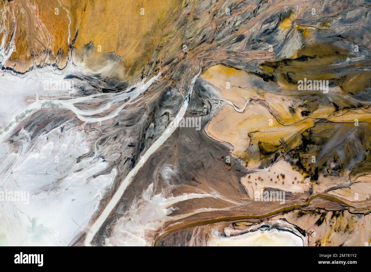 Aerial view of the famous red mud disaster site, abstract lines ...