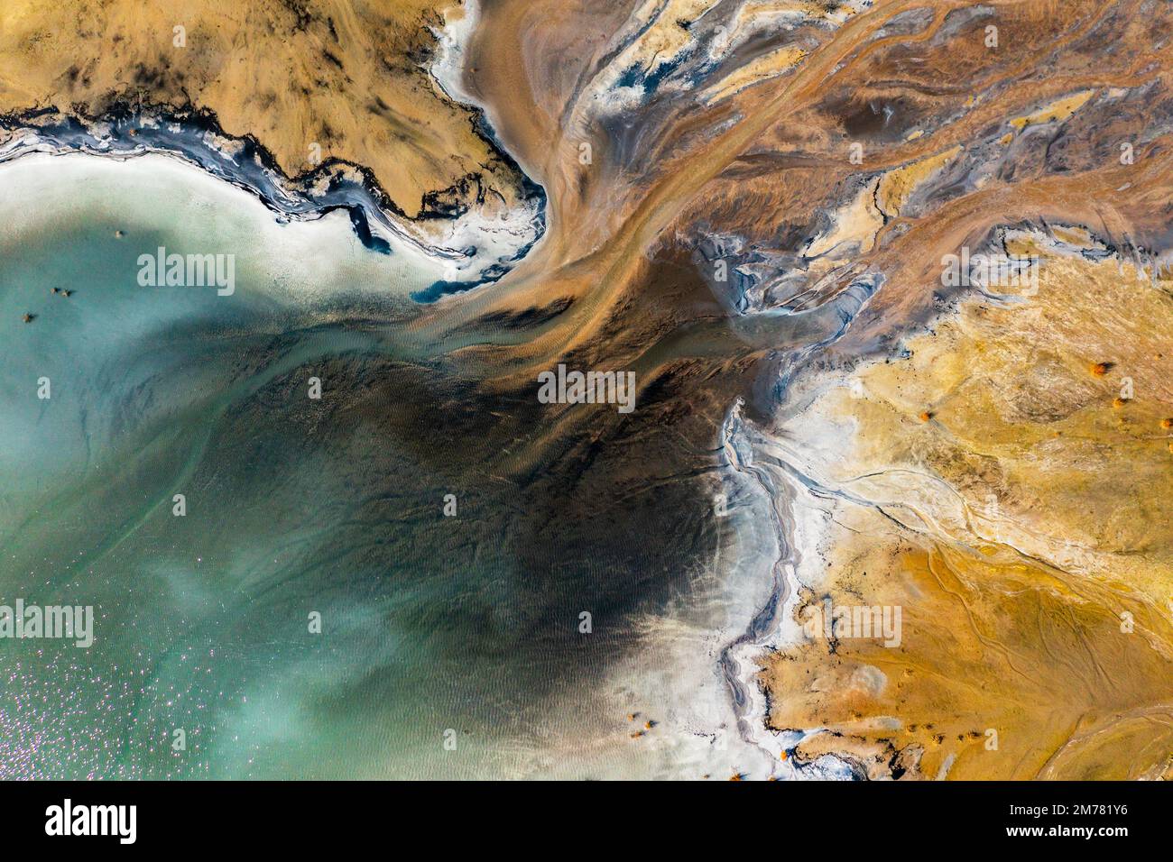 Aerial view of the famous red mud disaster site, abstract lines ...