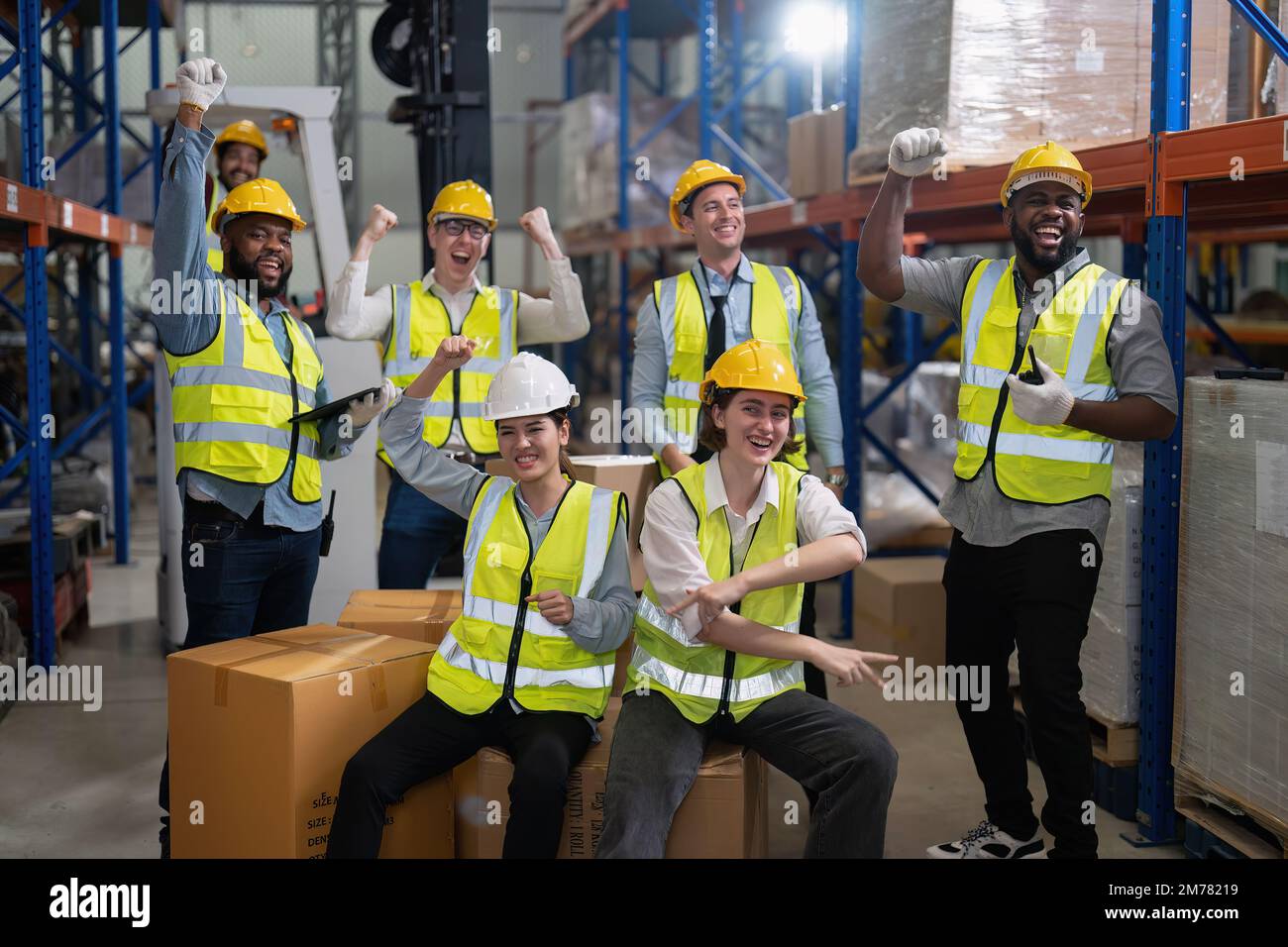 Diversity group of labor union in warehouse celebrate success after won ...