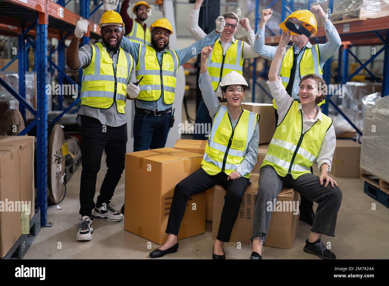 Diversity group of labor union in warehouse celebrate success after won ...