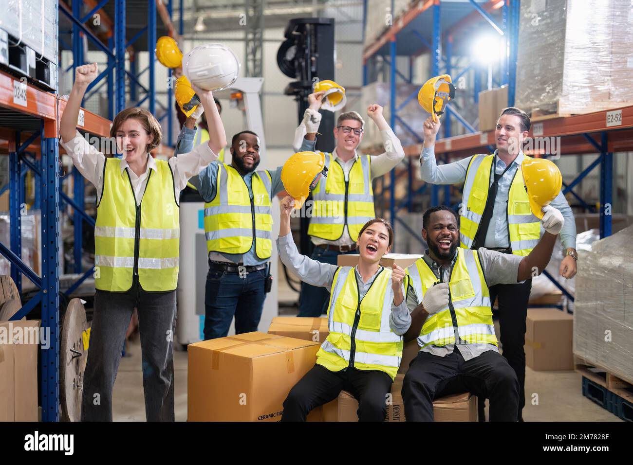 Diversity group of labor union in warehouse celebrate success after won ...