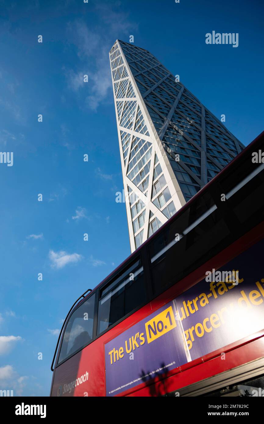 London - 01 26 2022: Newfoundland skyscraper view with Double Decker ...