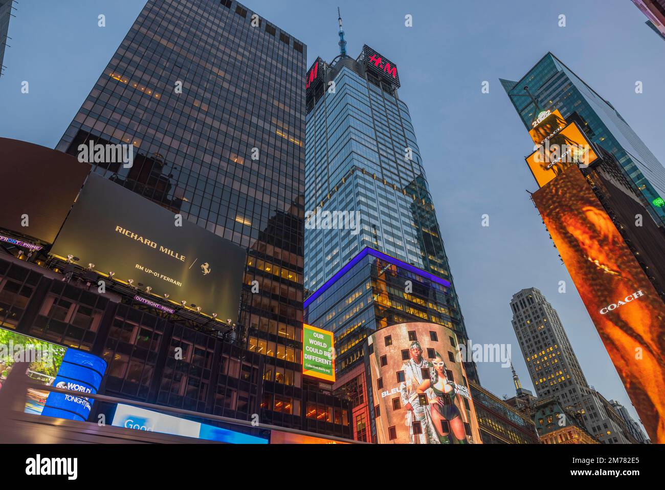 Bottom-up view of colorful skyscrapers of Broadway , Manhattan, New ...
