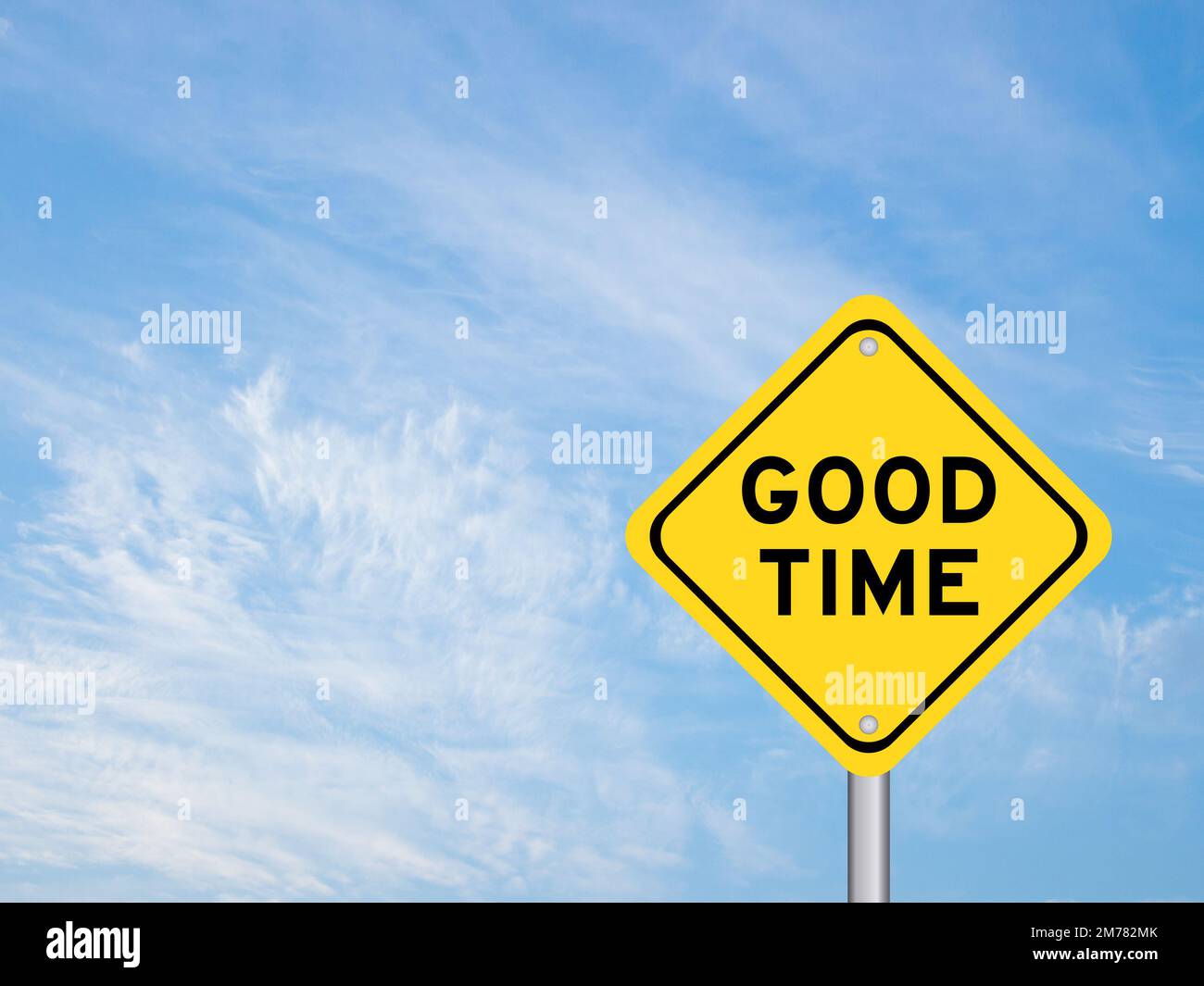 Yellow transportation sign with word good time on blue color sky ...