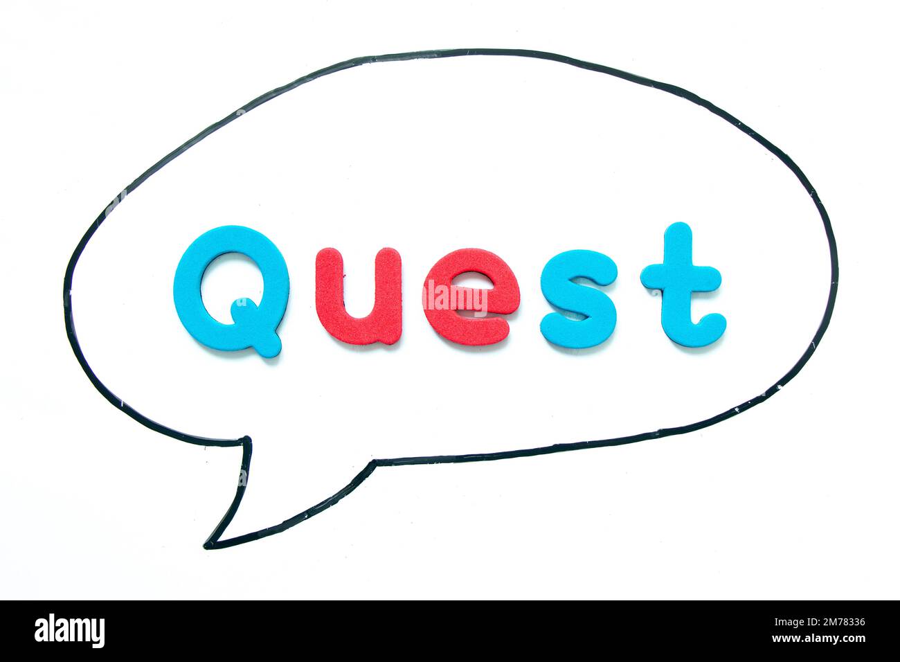 Alphabet letter with word quest in black line hand drawing as bubble ...