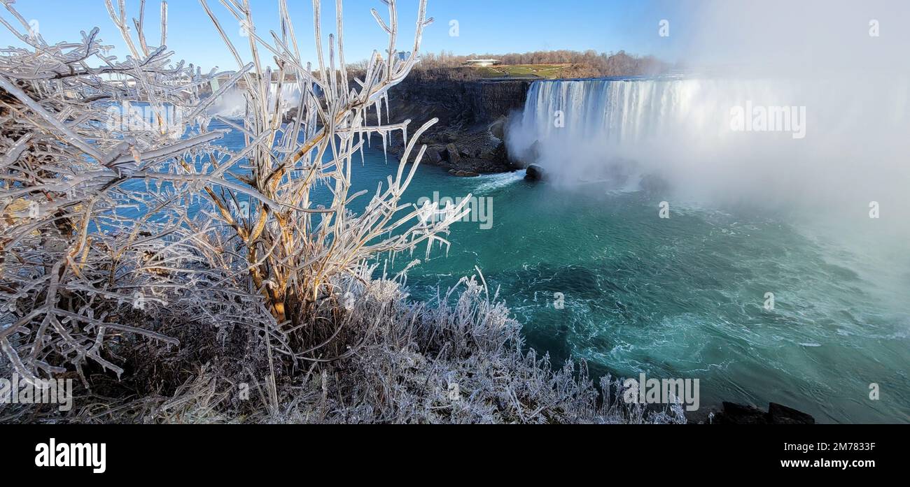 A panoramic view of frozen shrubs on the edge of Niagara Falls in ...