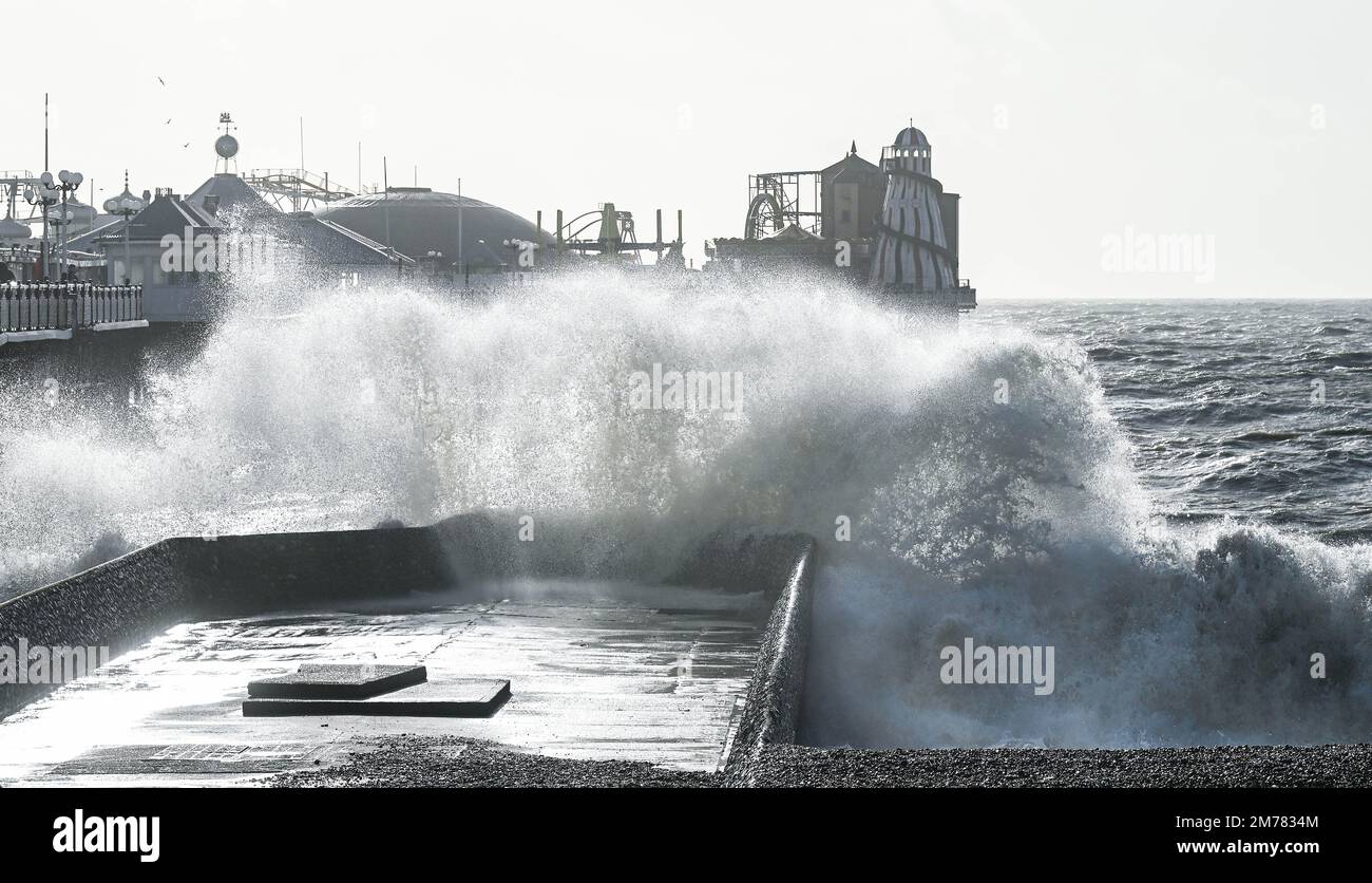 Brighton UK 8th January 2023 - Huge waves crash on to Brighton beach ...