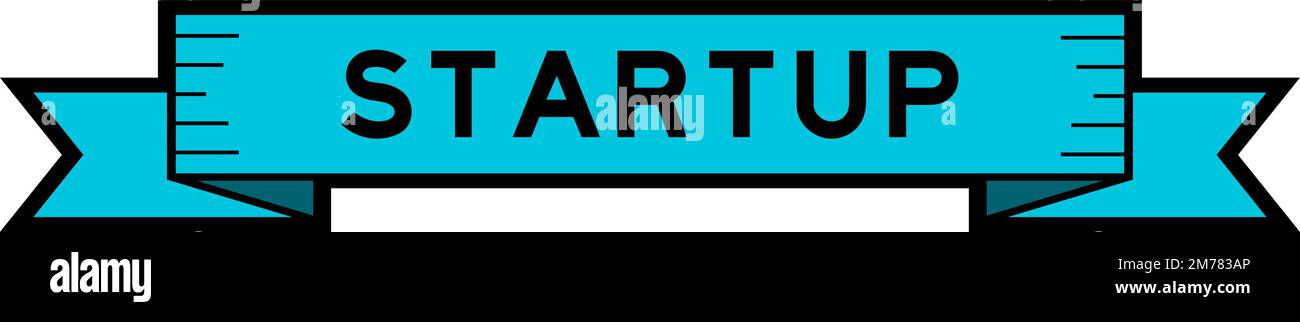 Ribbon label banner with word startup in blue color on white background ...