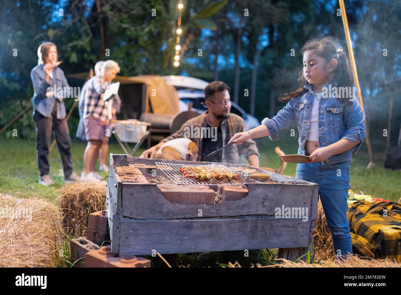 Group of family camper van sitting by fire grilling sausages and ...