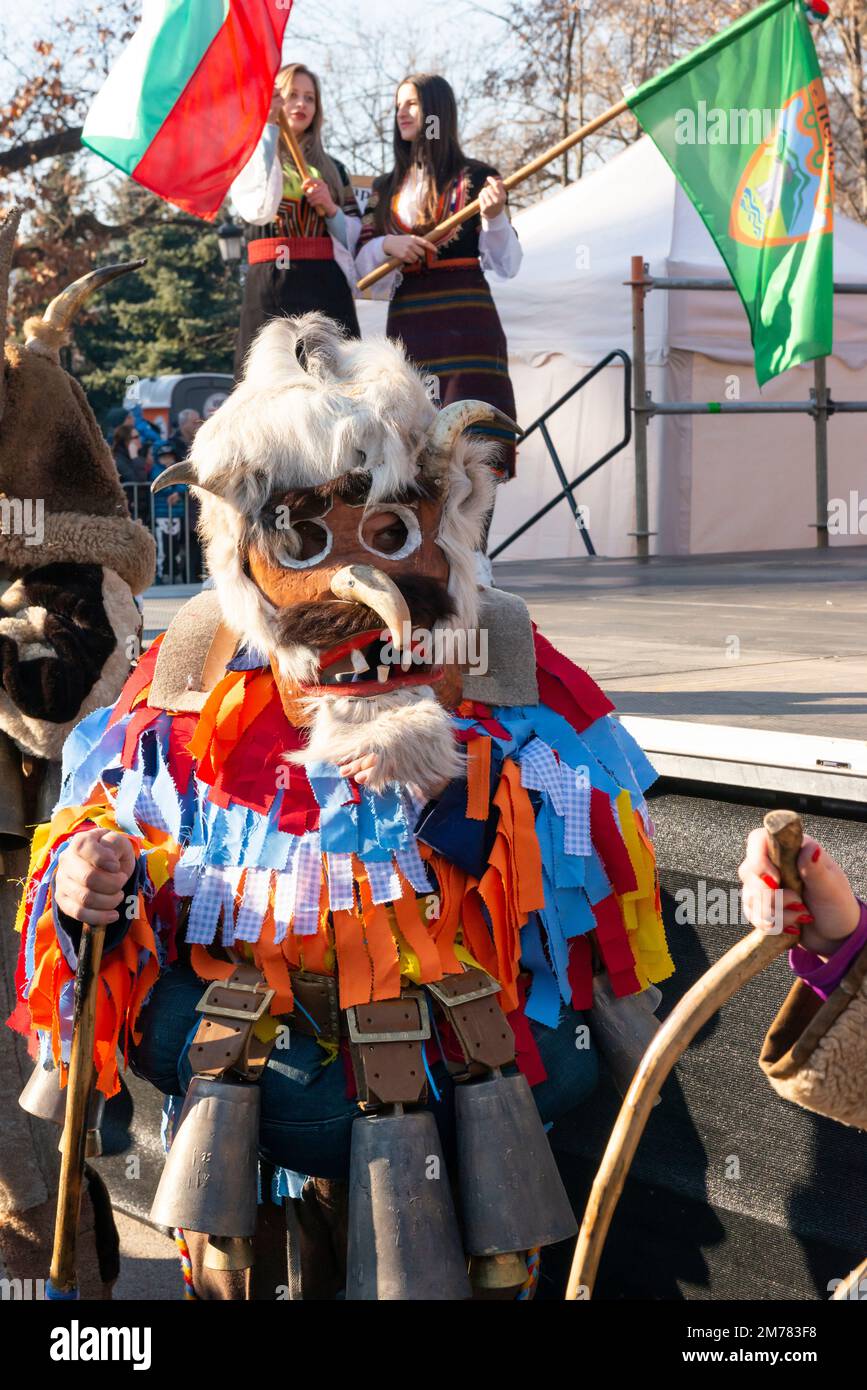 Sofia, Bulgaria. 08 January 2023. Kukeri dancer with intricate costume ...