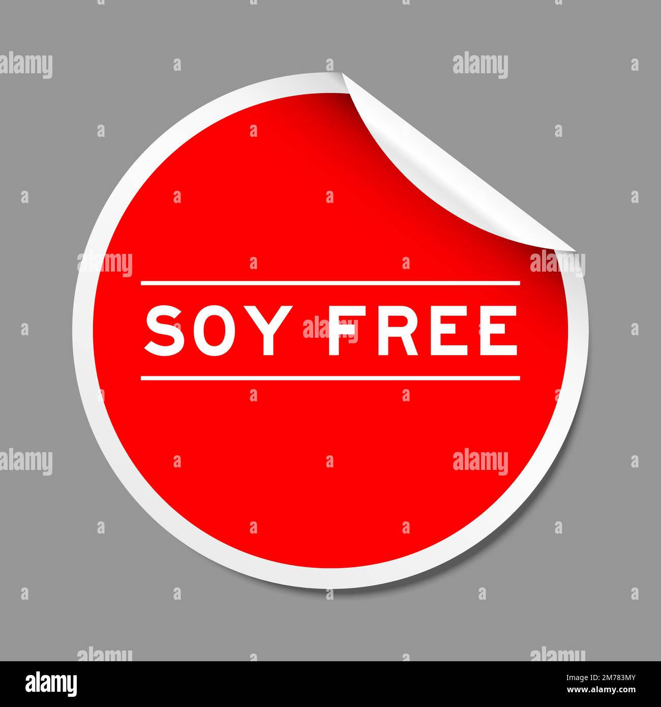 Red color peel sticker label with word soy free on gray background ...