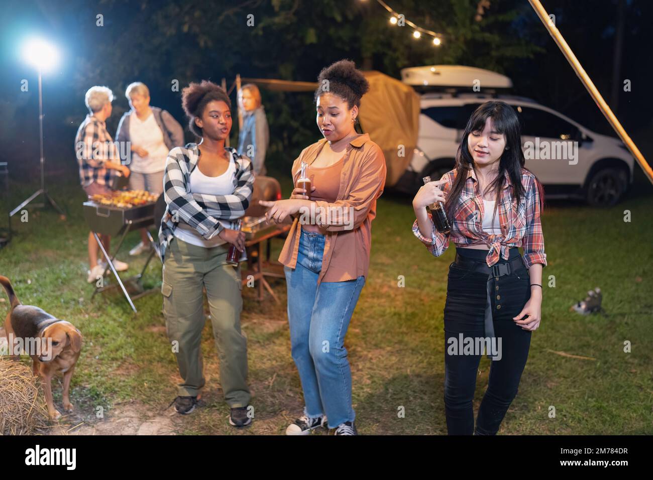 Group of family camper van sitting by fire grilling sausages and ...