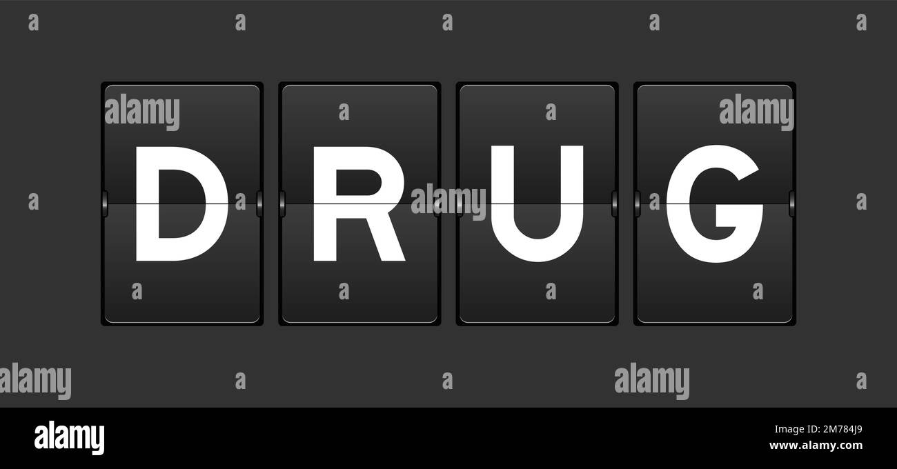 Black color analog flip board with word drug on gray background Stock ...