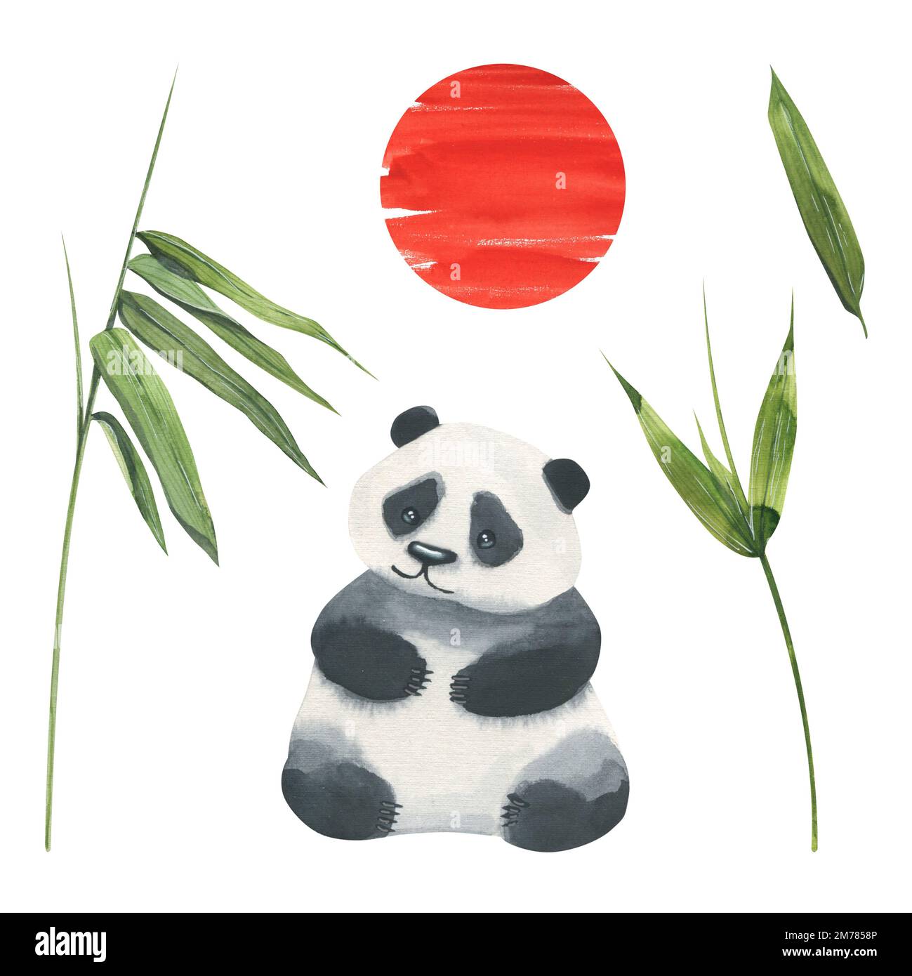 A sitting panda with bamboo leaves and a red eastern sun. Watercolor ...