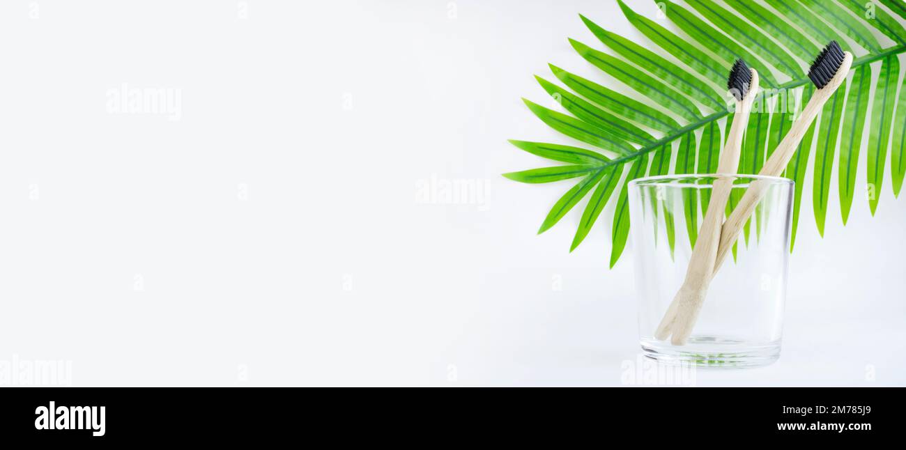 Bamboo toothbrushes in a glass on the background of a palm leaf, on a ...