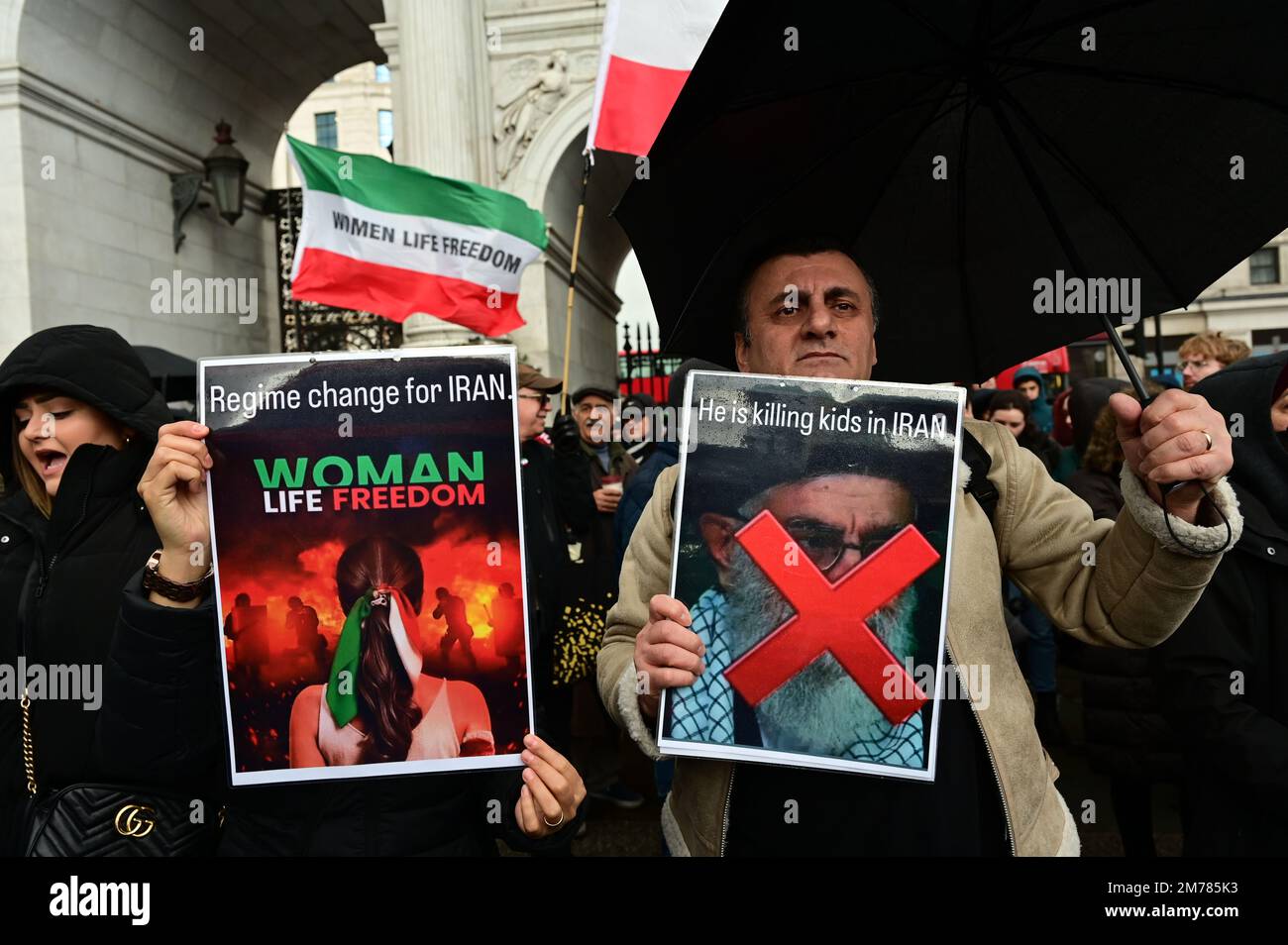 London, UK. 8th January 2023. Hundreds Iranian assembly demonstration ...